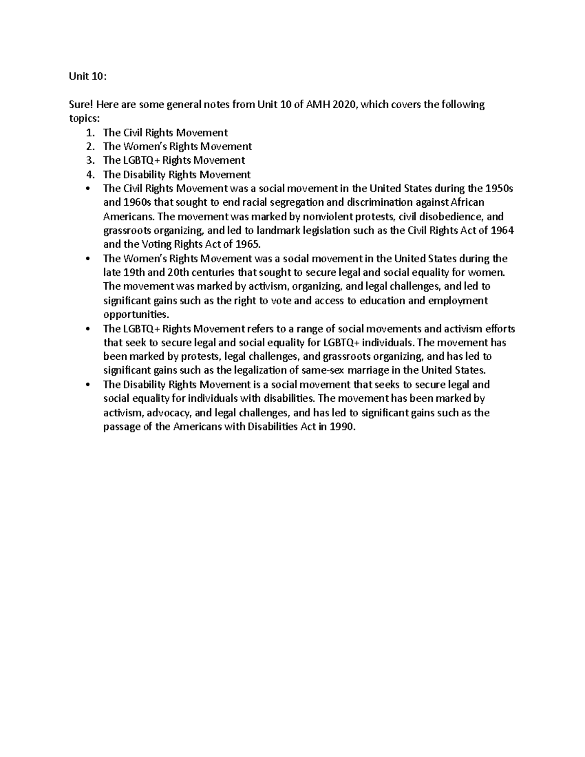 Unit 10 - Unit 10 Notes AMH - Unit 10: Sure! Here are some general ...