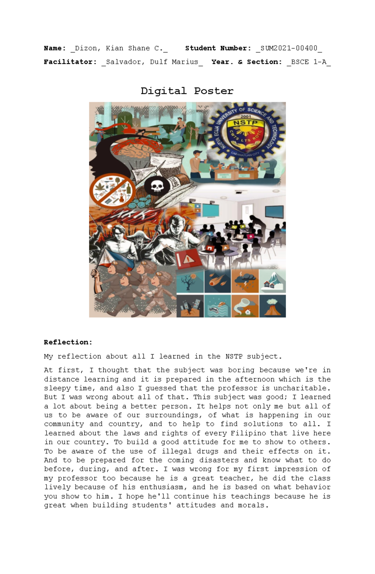 Poster, Dizon, Kian Shane C - Name: Dizon, Kian Shane C. Student Number ...