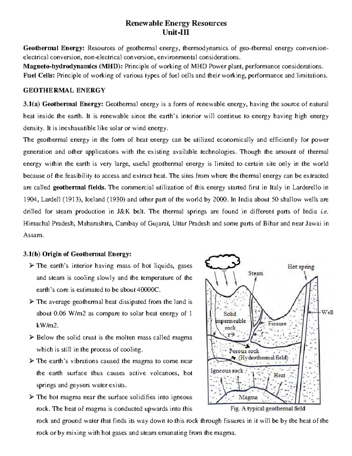 UNIT 3 - notes - Renewable Energy Resources Unit-III Geothermal Energy ...