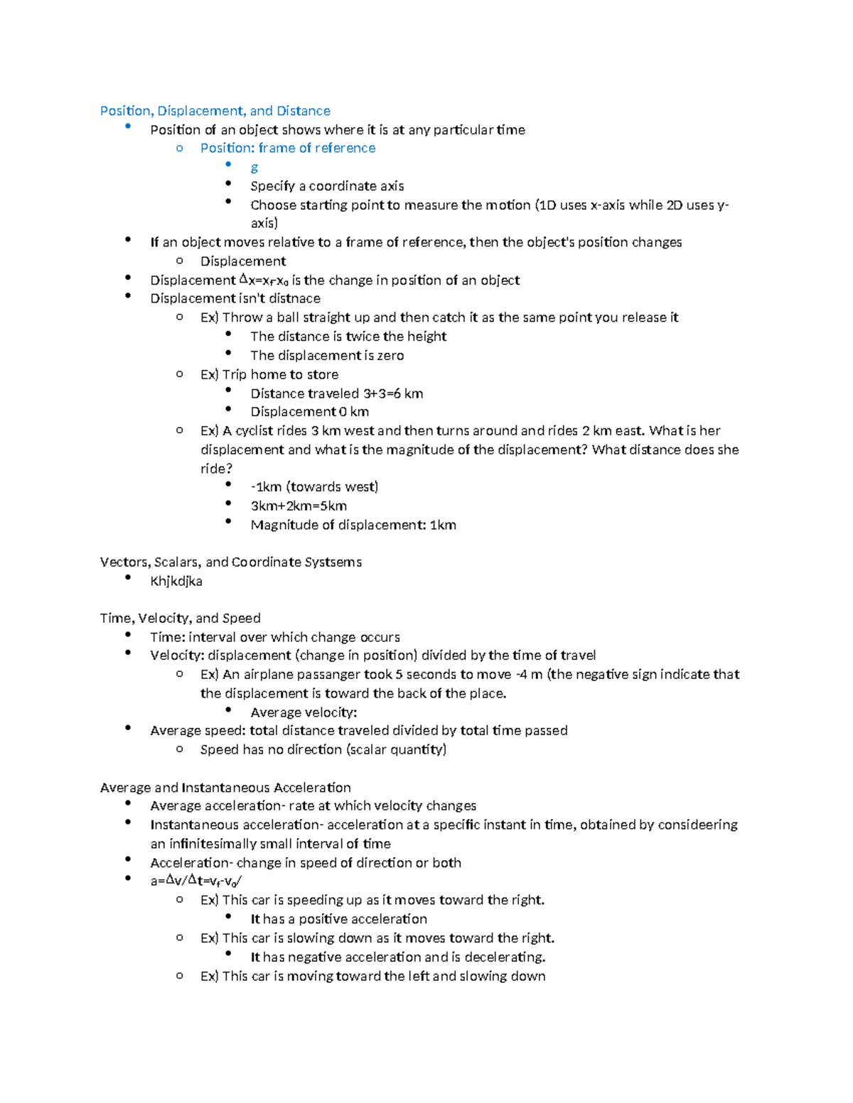 Chapter 2 notes - Position, Displacement, and Distance Position of an ...