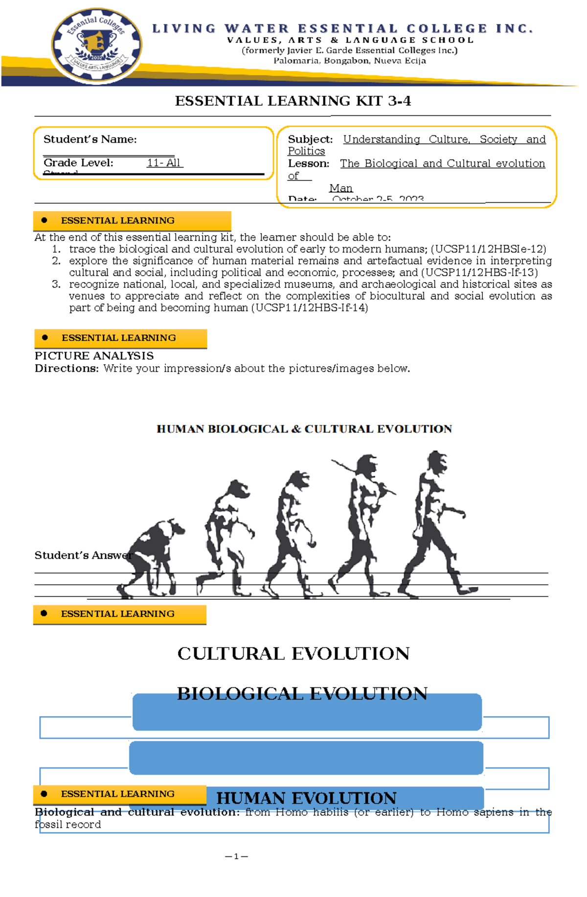 UCSP Week 4 October 2-5 Module 2023- 2024 - HUMAN EVOLUTION ESSENTIAL ...
