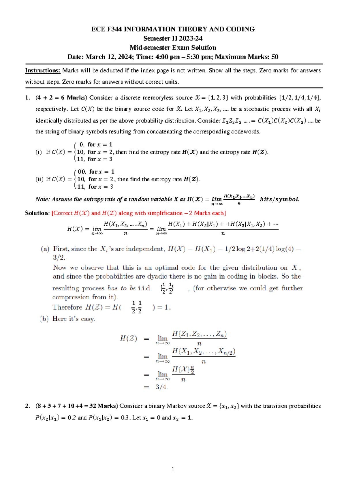 Mid-sem Question paper Solutions - ECE F344 INFORMATION THEORY AND CODING Semester II 202 3 - 24 ...