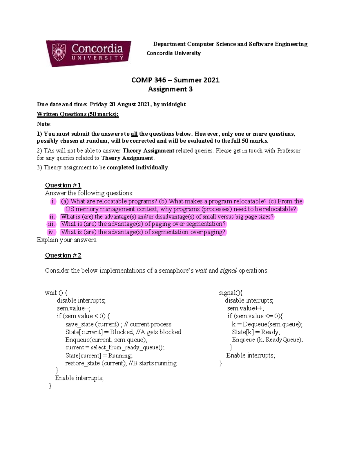 Theory Assignment 1 Instructions Department Computer Science And Software Engineering