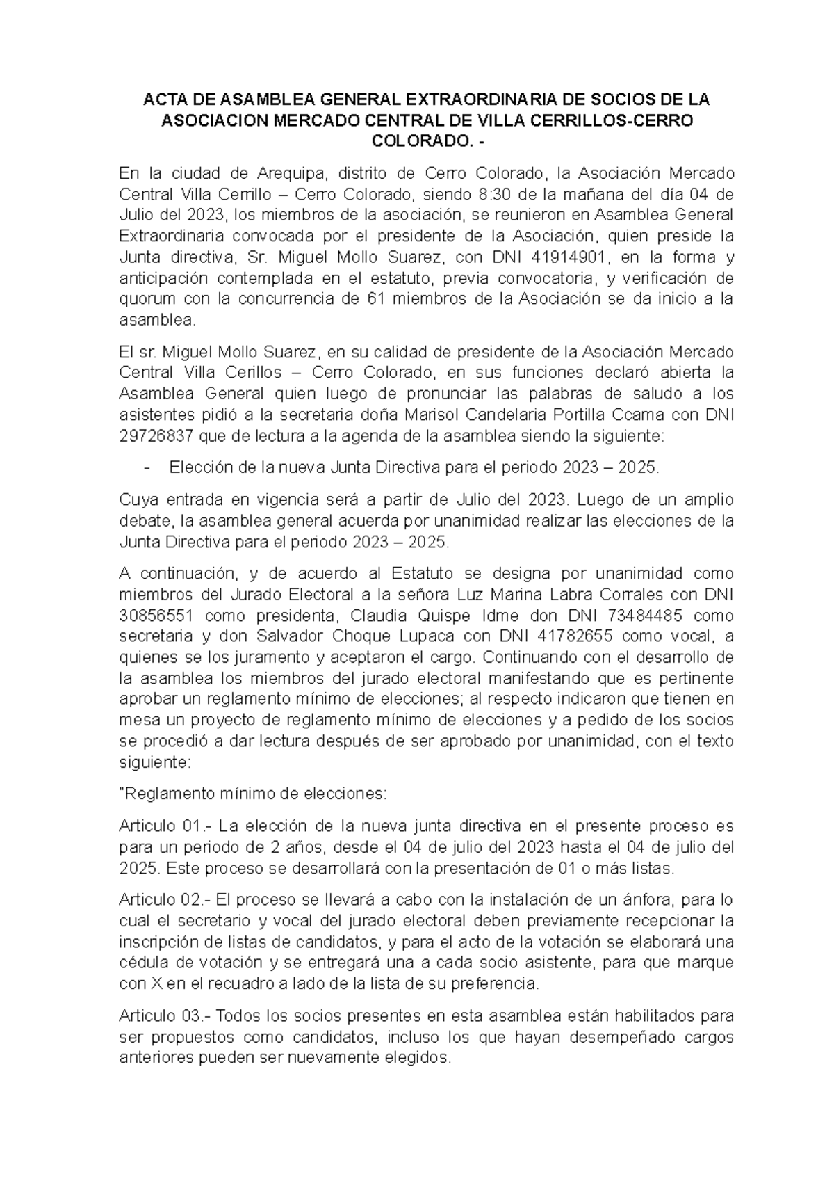 Acta de eleccion de nueva junta directiva - ACTA DE ASAMBLEA GENERAL EXTRAORDINARIA DE SOCIOS DE ...