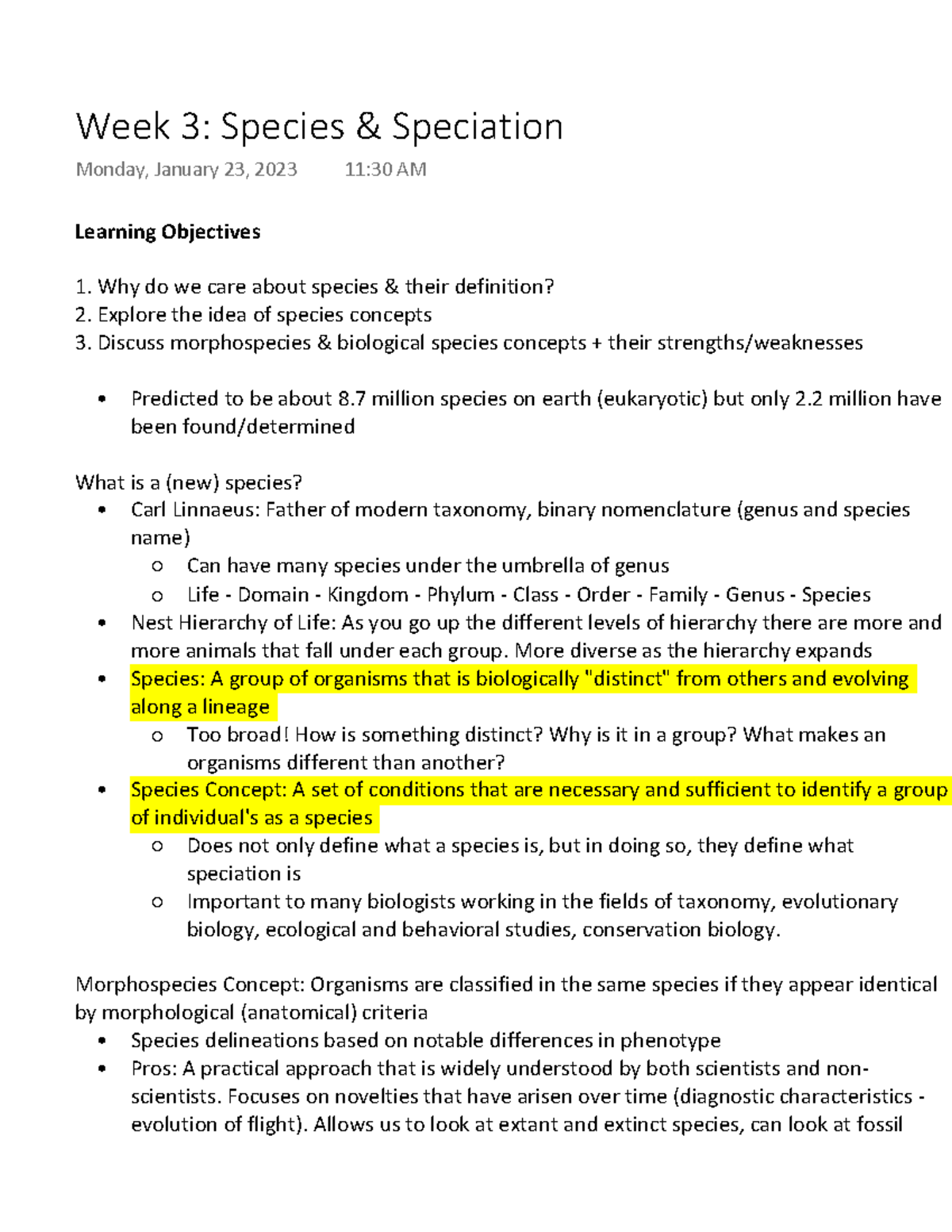 Week 3 Species & Speciation - Learning Objectives Why do we care about ...