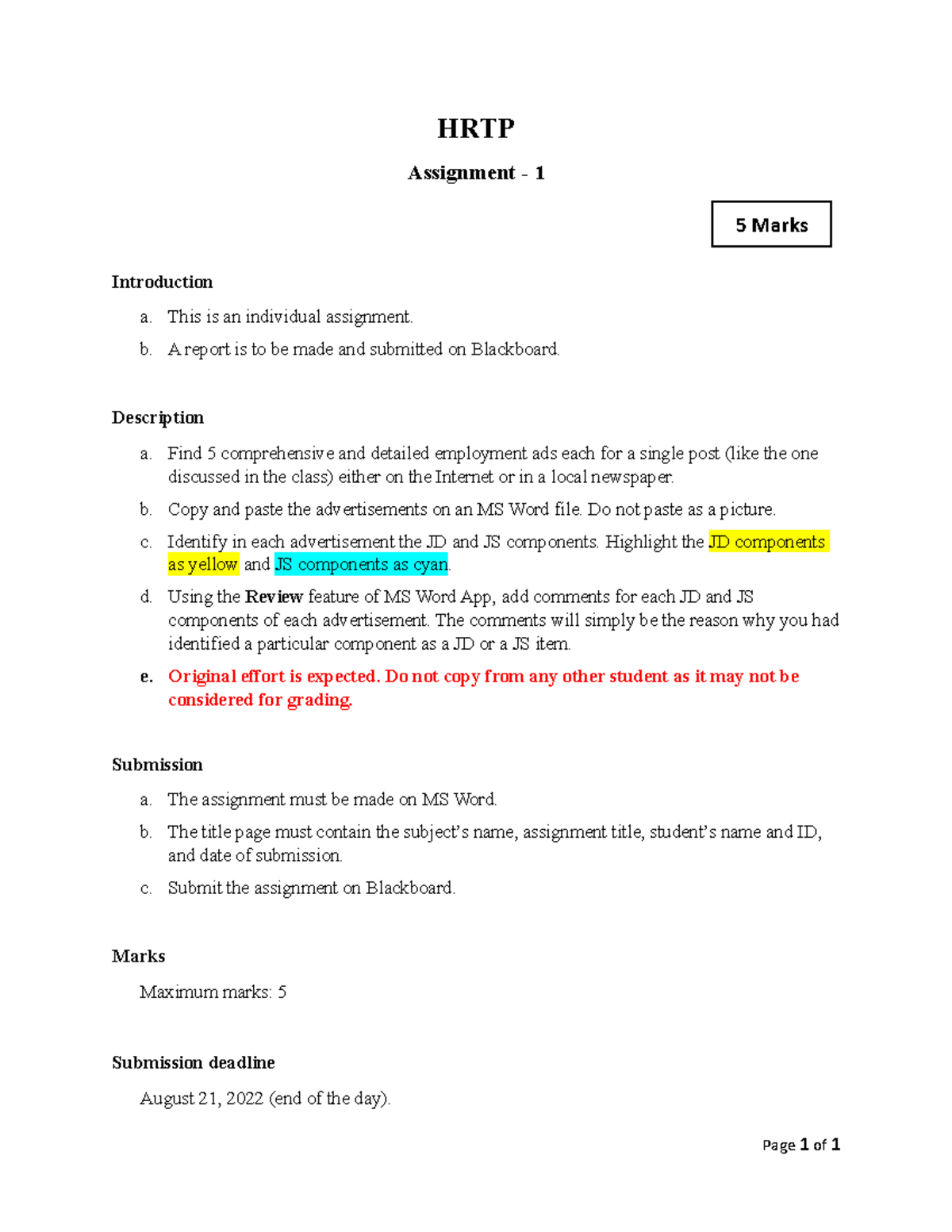 HRTP-Assignment 1 - Assignment - HRTP Assignment - 1 Introduction a. This is an individual - Studocu