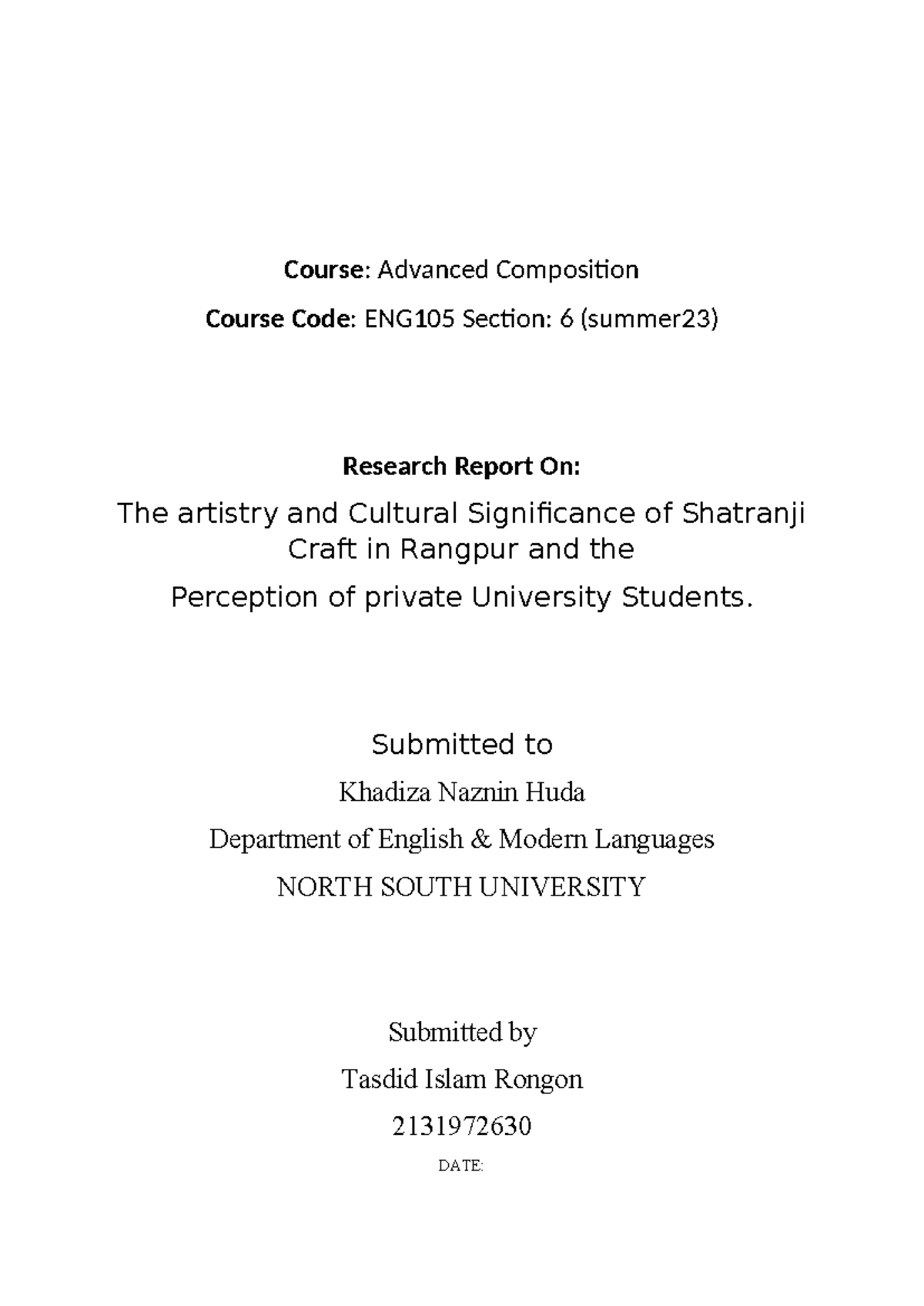 Outline submission - Course: Advanced Composition Course Code: ENG105 ...