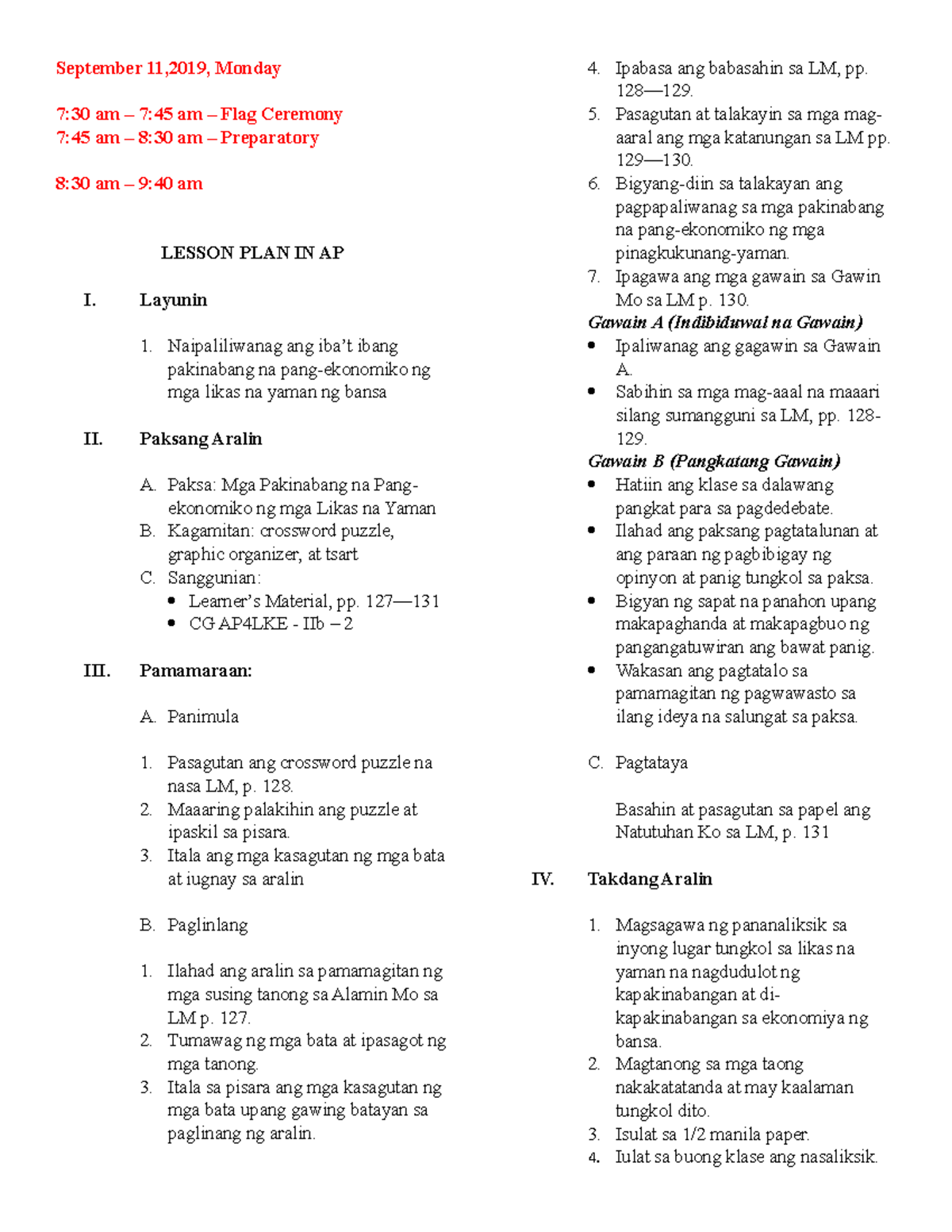 Lesson Plan in Mga Pakinabang na Pang-ekonomiko ng mga Likas na Yaman ...