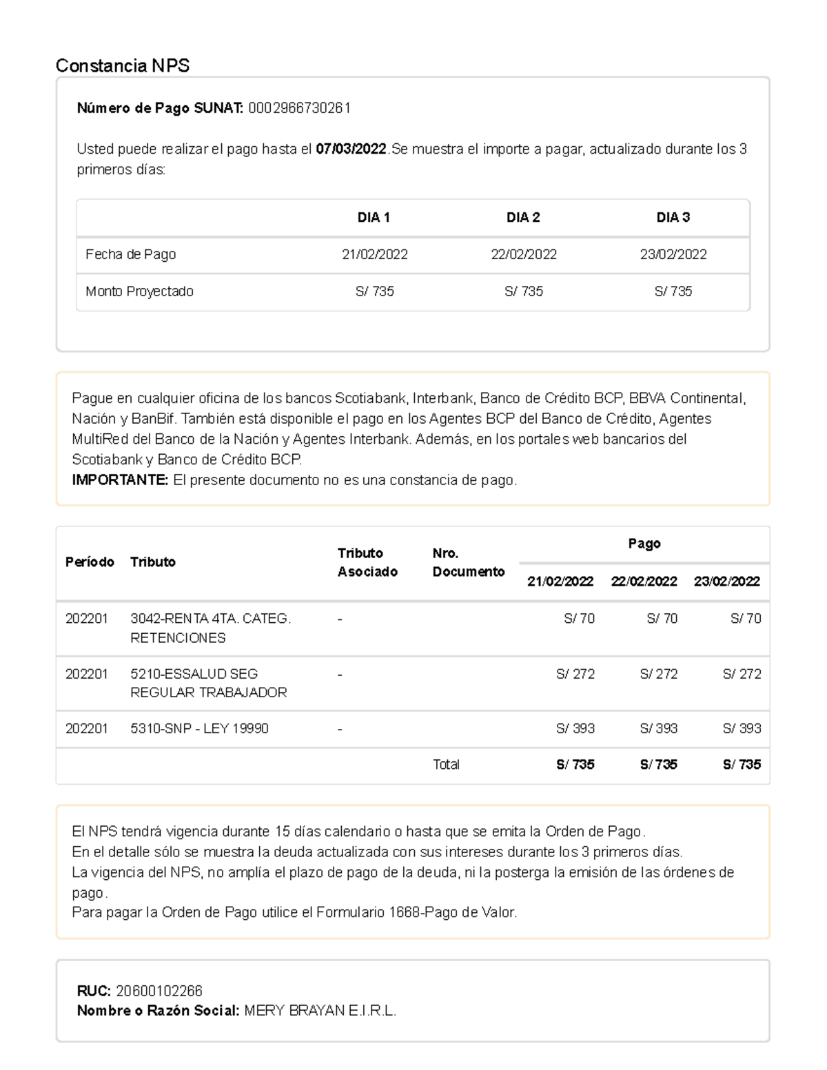 PDT MERY Brayan Enero 2022 - Constancia NPS Número de Pago SUNAT: 0002966730261 Usted puede ...