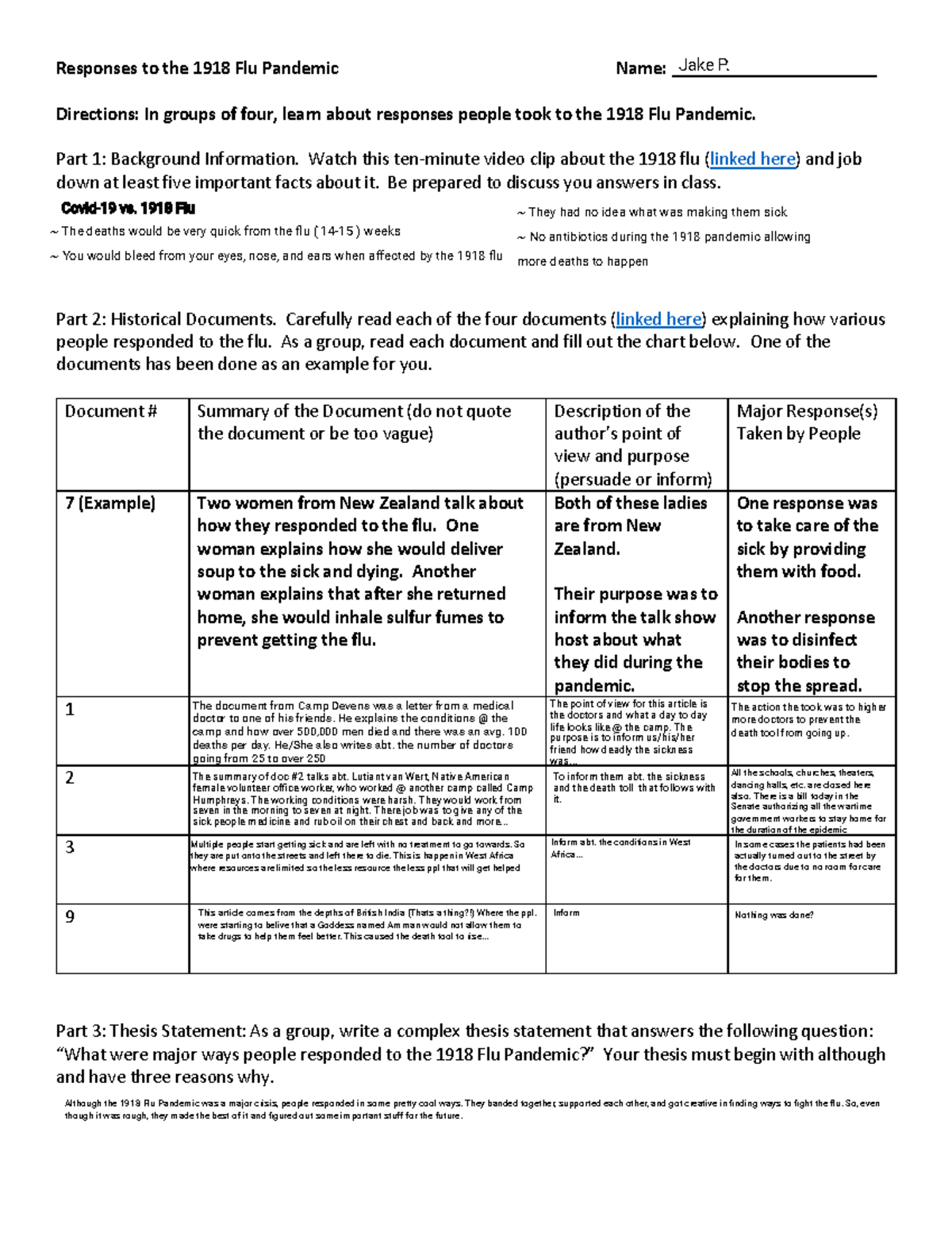 Responses to the 1918 Flu Worksheet - Responses to the 1918 Flu ...
