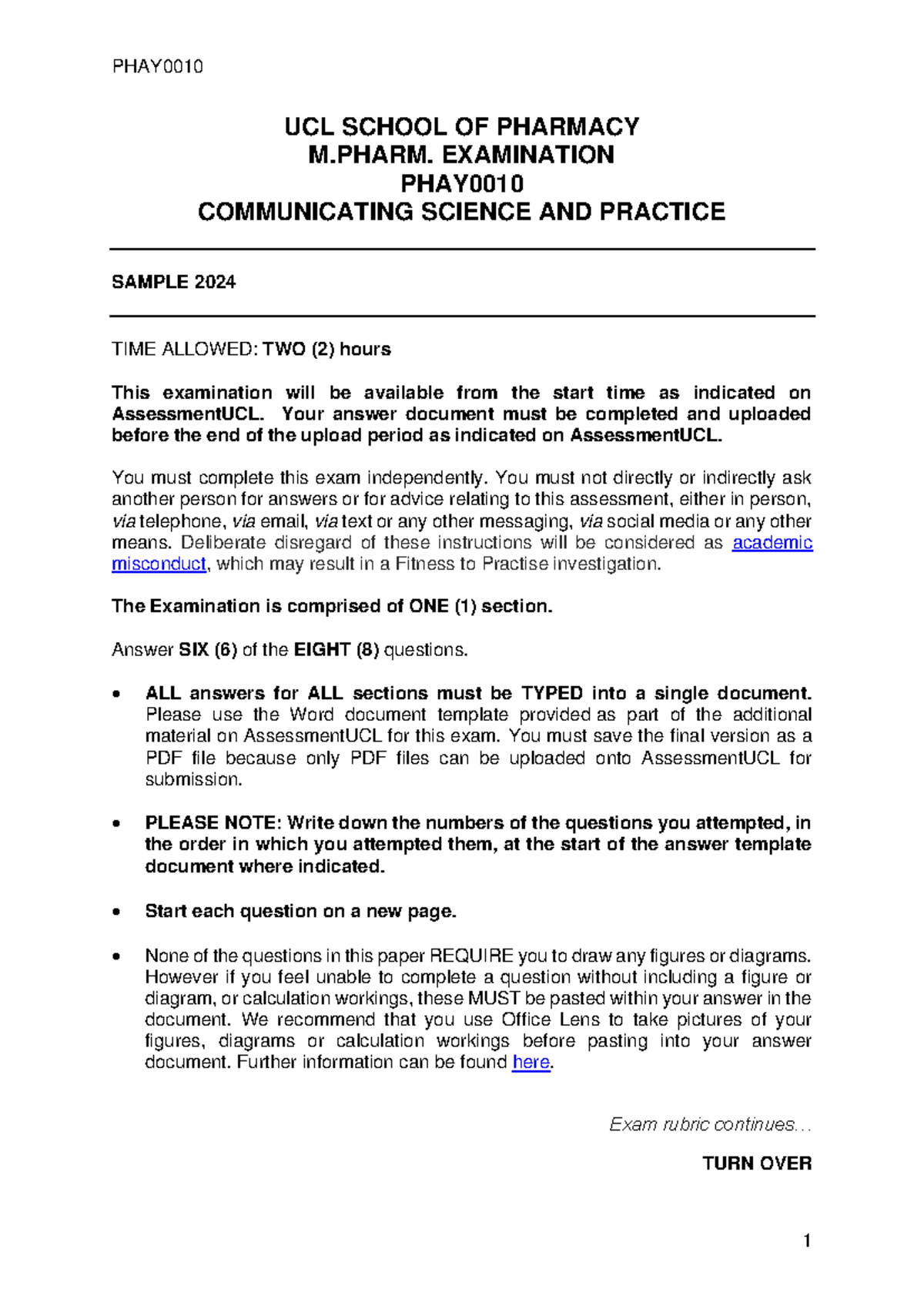 PHAY0010 Sample Written Paper 2024 - UCL SCHOOL OF PHARMACY M ...