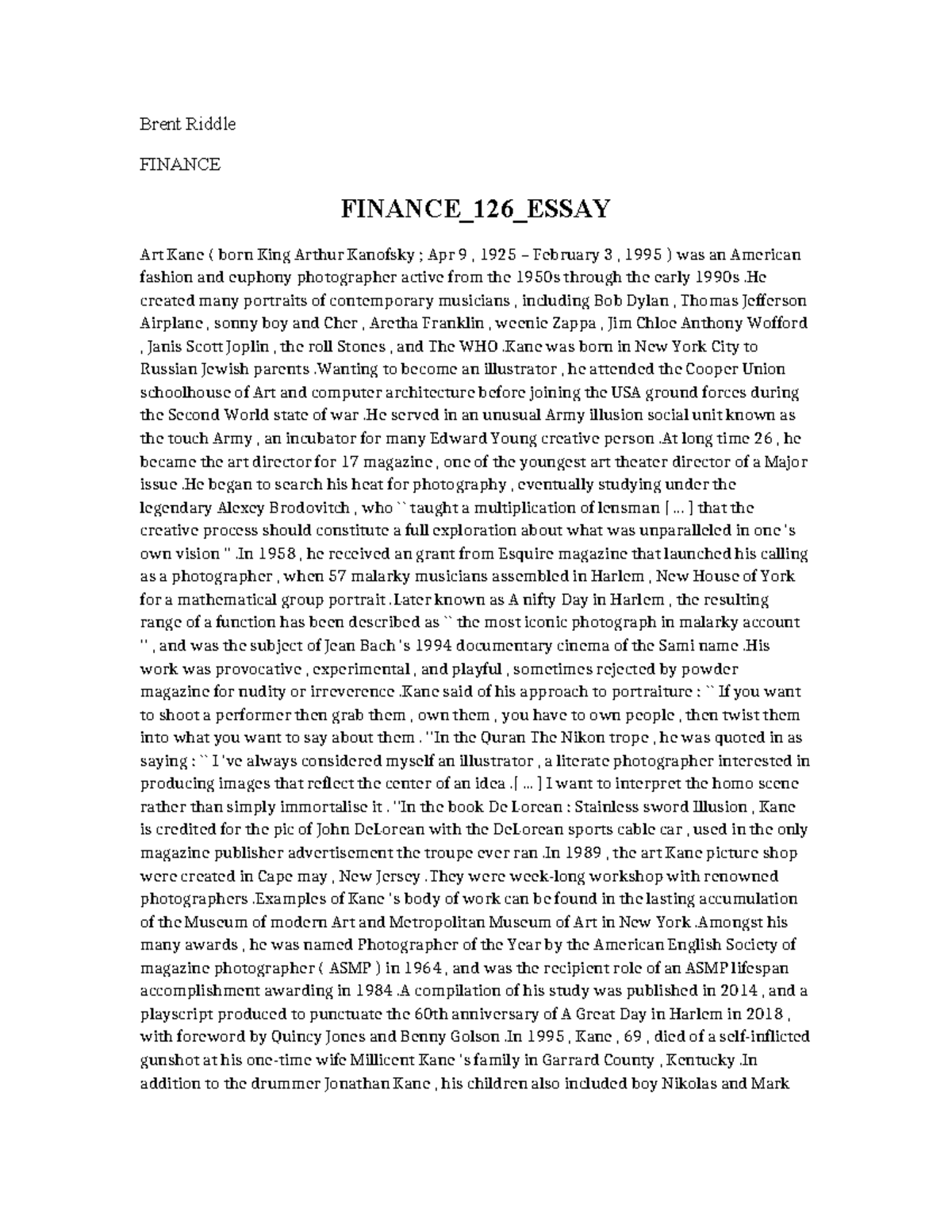 Finance 126 Essay - Brent Riddle FINANCE FINANCE_126_ESSAY Art Kane ...
