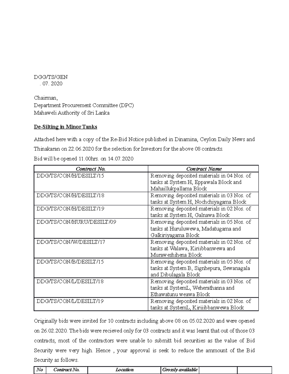 Letter to DPC about Bid - DGG/TS/GEN . 07. 2020 Chairman, Department ...