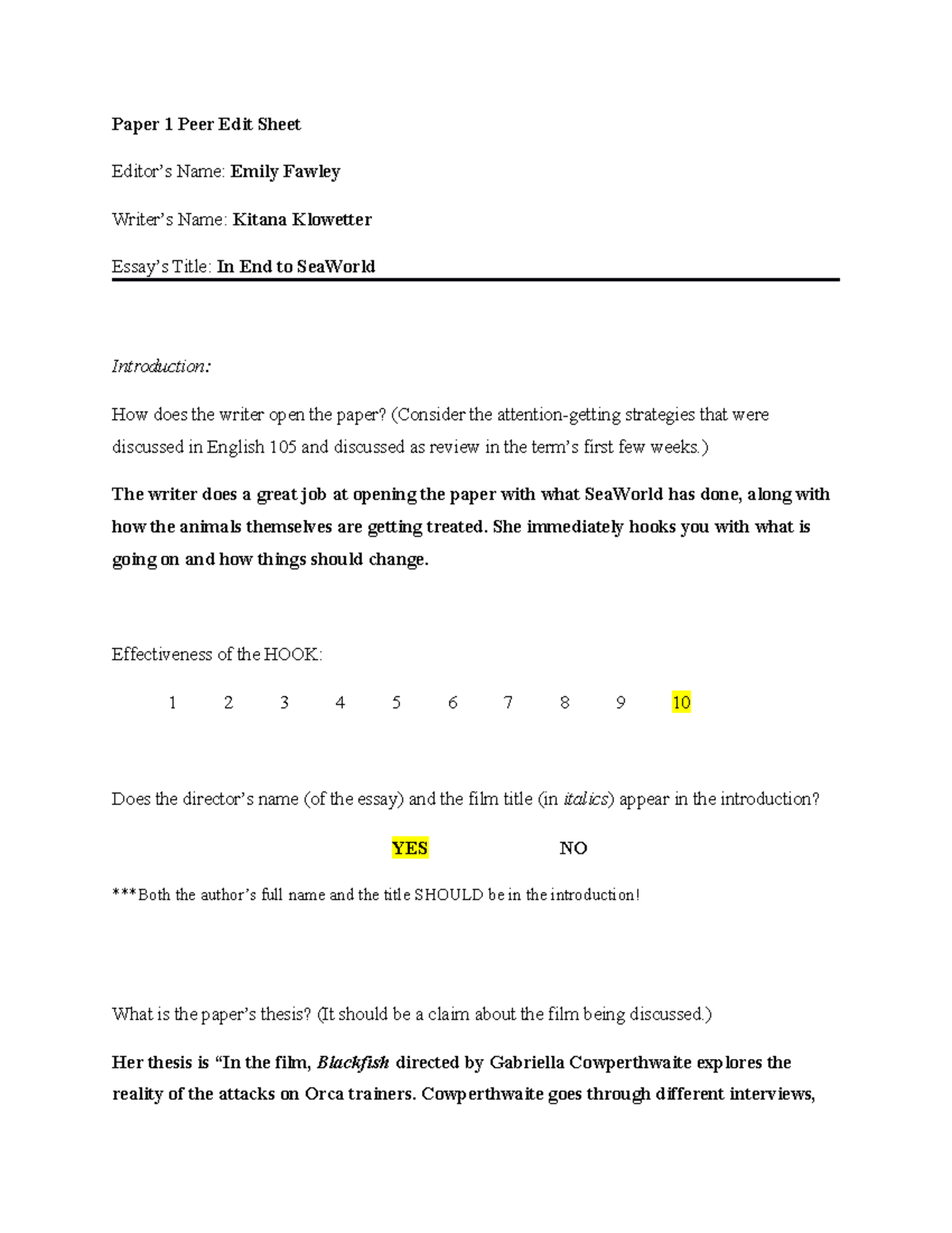 Kitana's Peer Editing - ENG 105 with Mrs. Roberts - Paper 1 Peer Edit ...