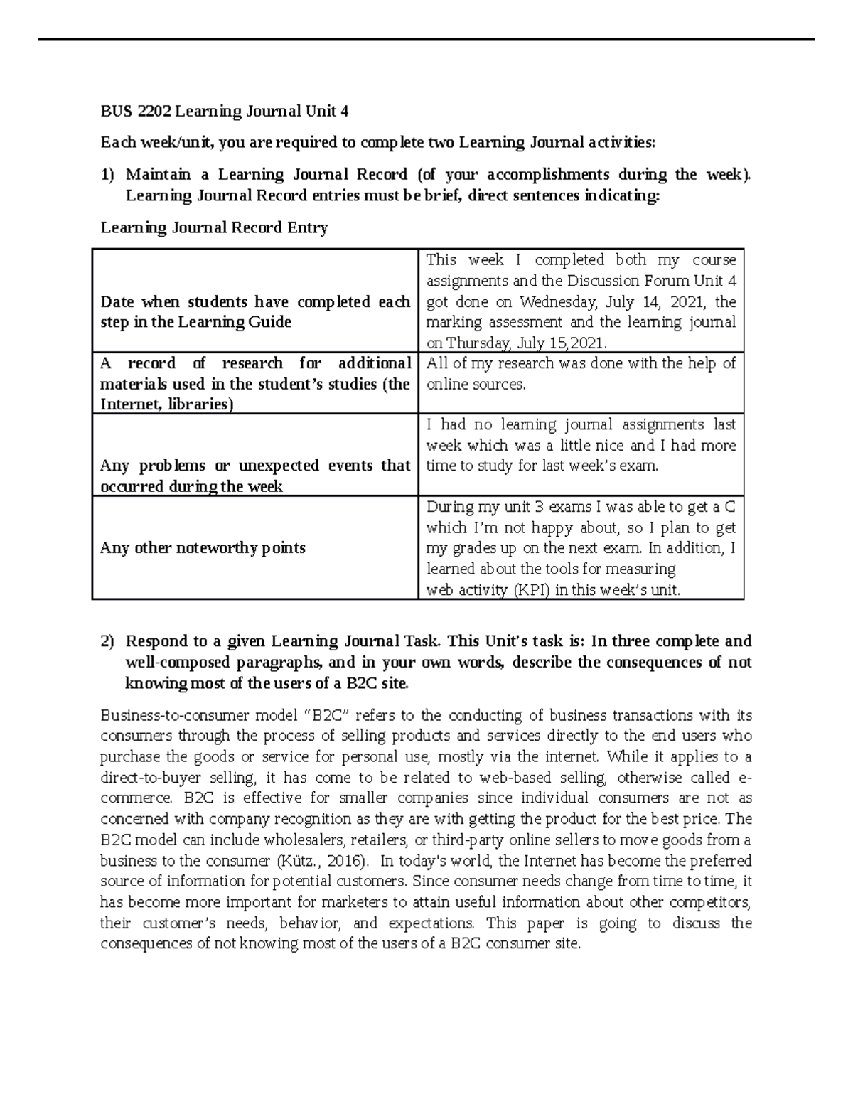 BUS 2202 Learning Journal Unit 4 - BUS 2202 Learning Journal Unit 4 Each week/unit, you are ...