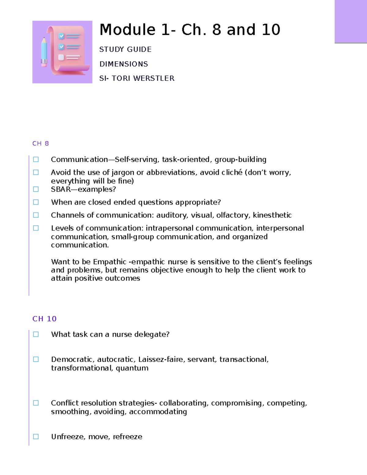 Ch 8 and 10 study guide - Module 1- Ch. 8 and 10 STUDY GUIDE DIMENSIONS ...
