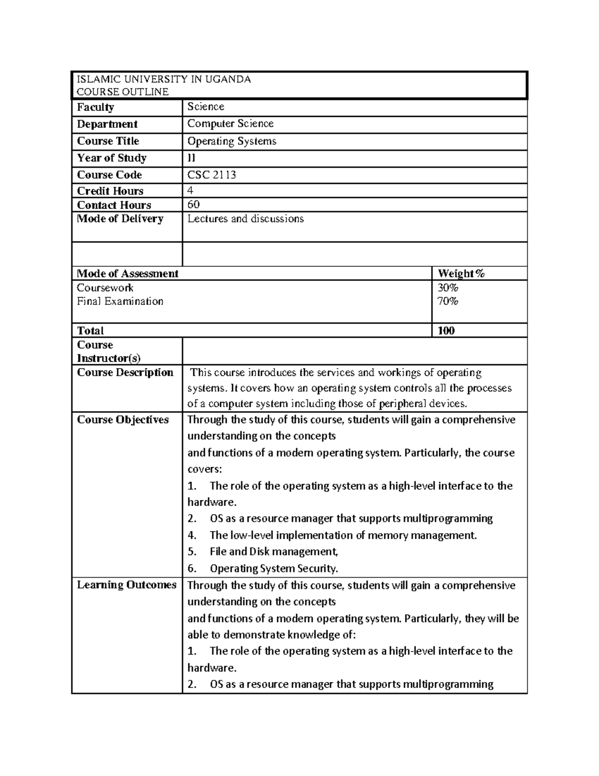 Operating systems course outline - ISLAMIC UNIVERSITY IN UGANDA COURSE ... Operating systems course outline - ISLAMIC UNIVERSITY IN UGANDA COURSE ...