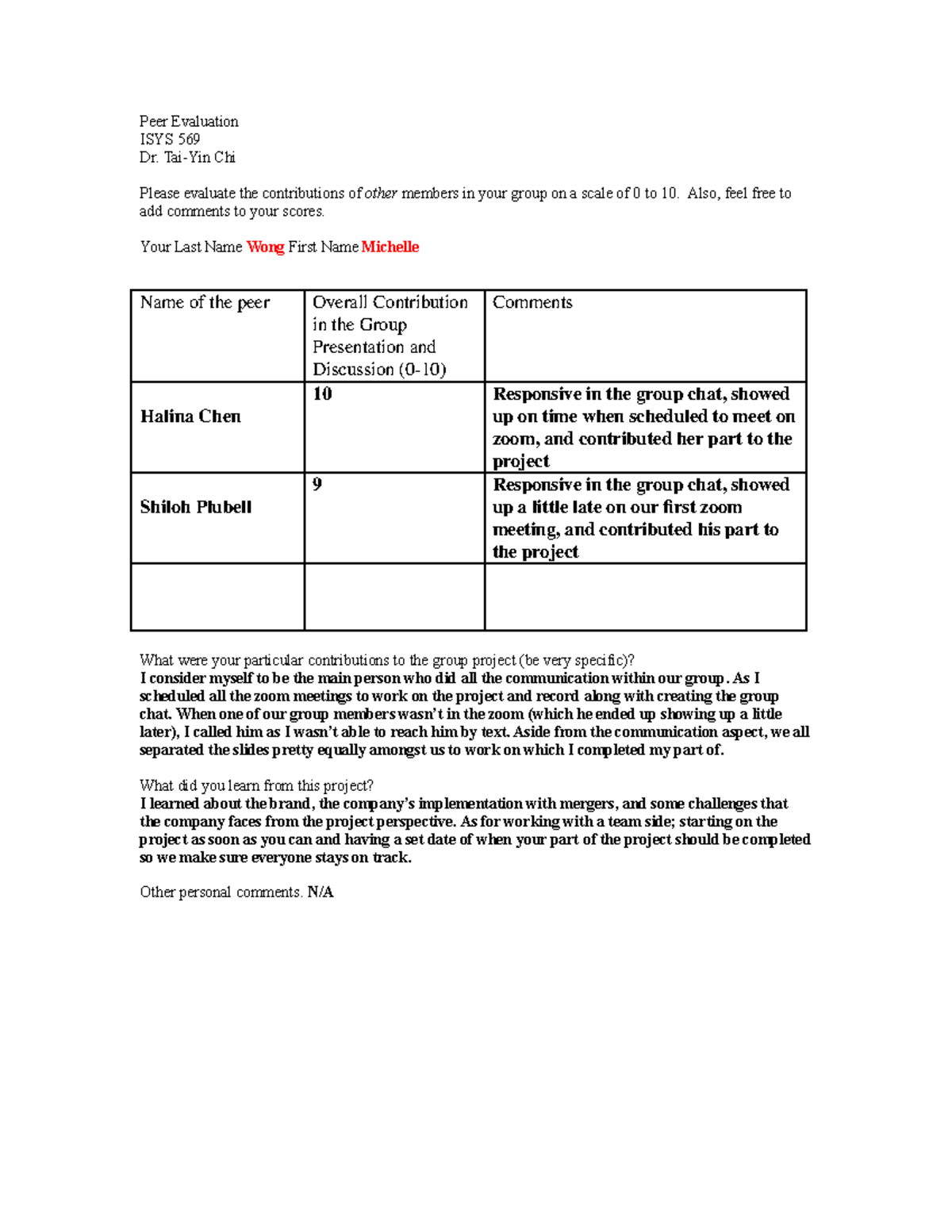 Groupwork Evaluation Form - Peer Evaluation ISYS 569 Dr. Tai-Yin Chi ...