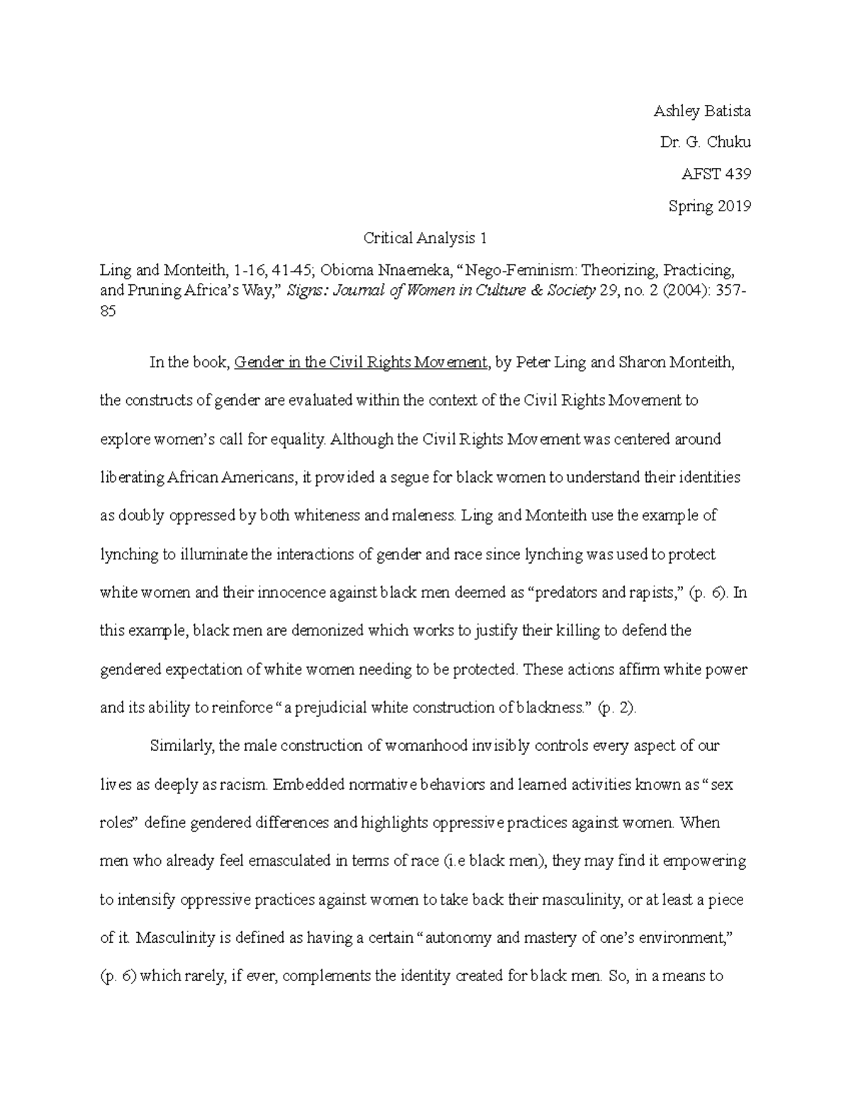 Critical Summary 1 - Ashley Batista Dr. G. Chuku AFST 439 Spring 2019 ...