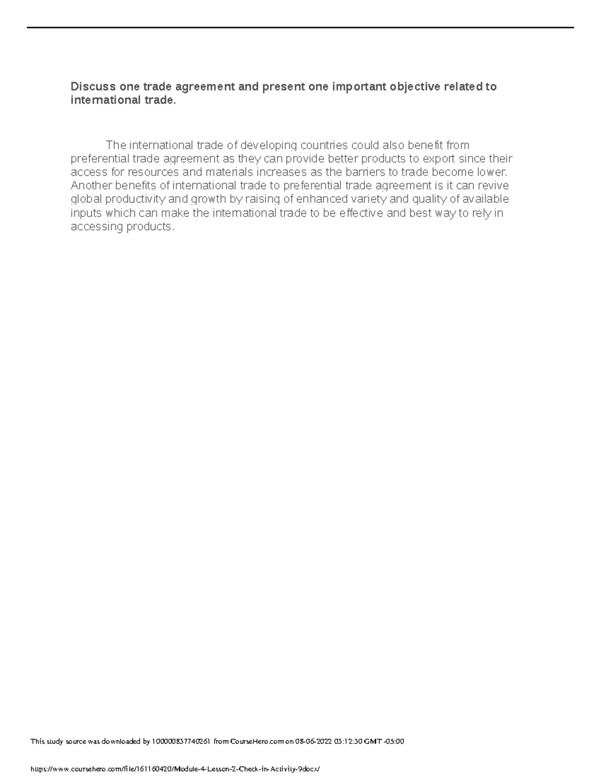 Module 4 Lesson 2 Check in Activity 9 - Discuss one trade agreement and ...