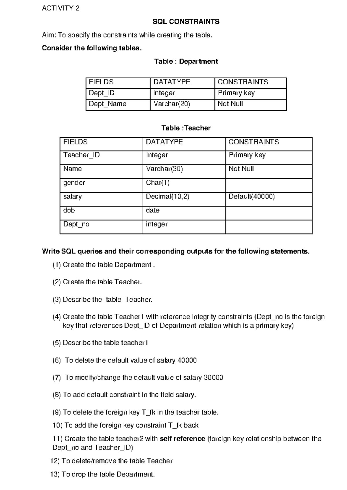 2. SQL - IT class 12 SQL Record notes - ACTIVITY 2 SQL CONSTRAINTS Aim ...