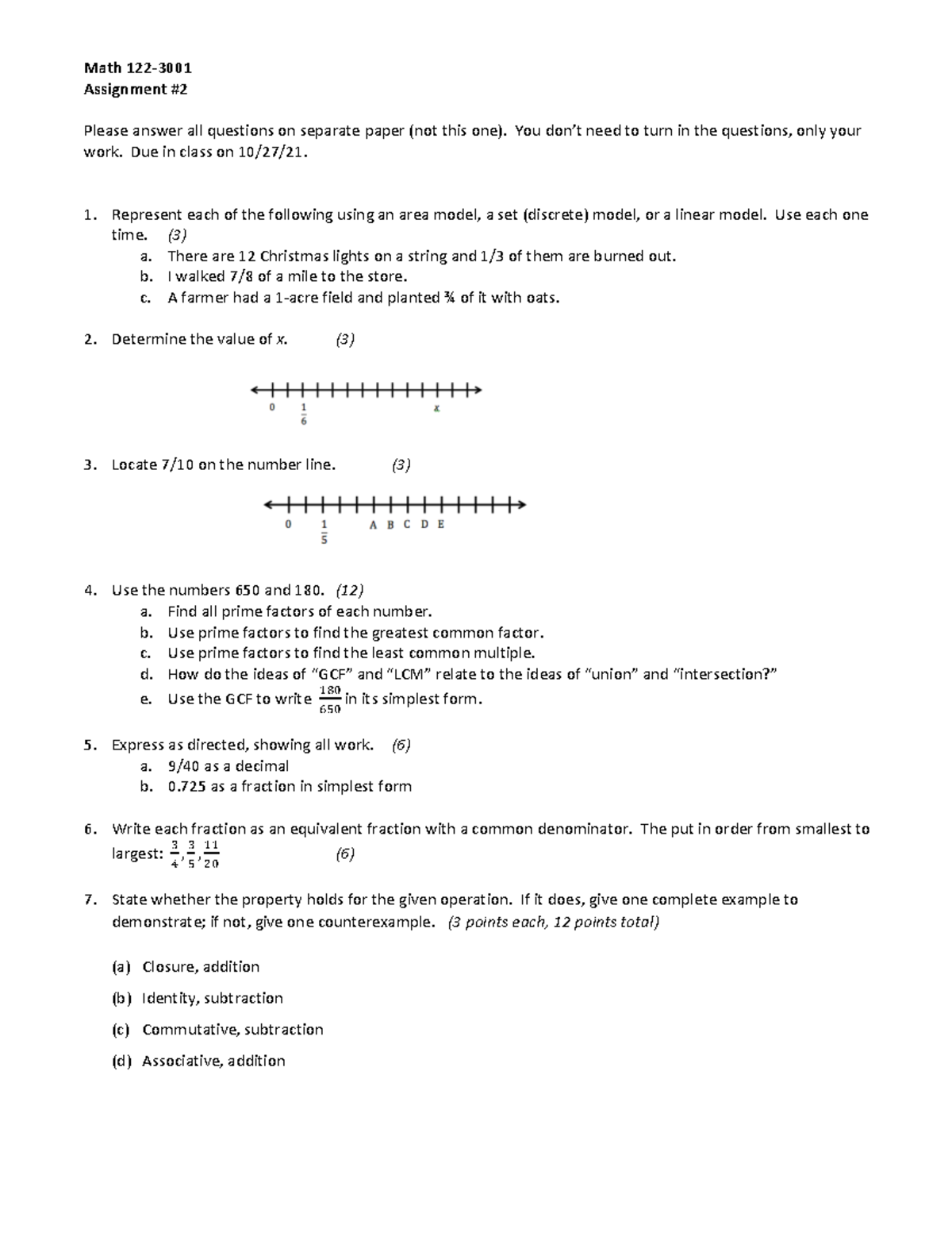 Assignment 2 - N/A - Math 122- Assignment # Please answer all questions on separate paper (not ...