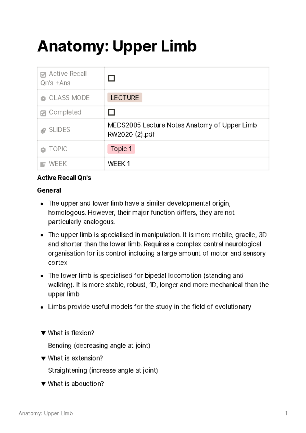 Anatomy Upper Limb - full lecture notes - Anatomy: Upper Limb Active ...