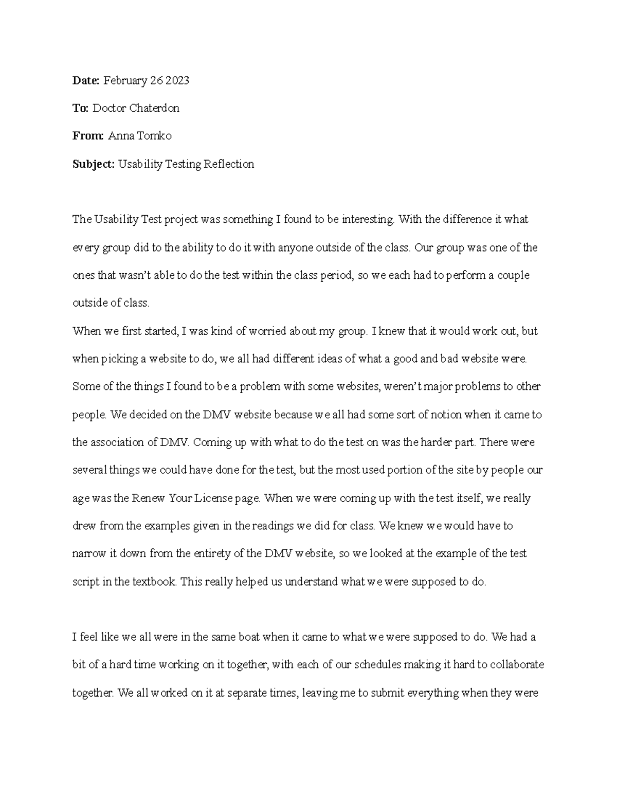 Usability Test Individual Reflection - Date: February 26 2023 To ...