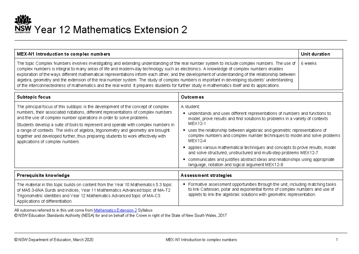 Mex n1 introduction to complex numbers - Year 12 Mathematics Extension ...