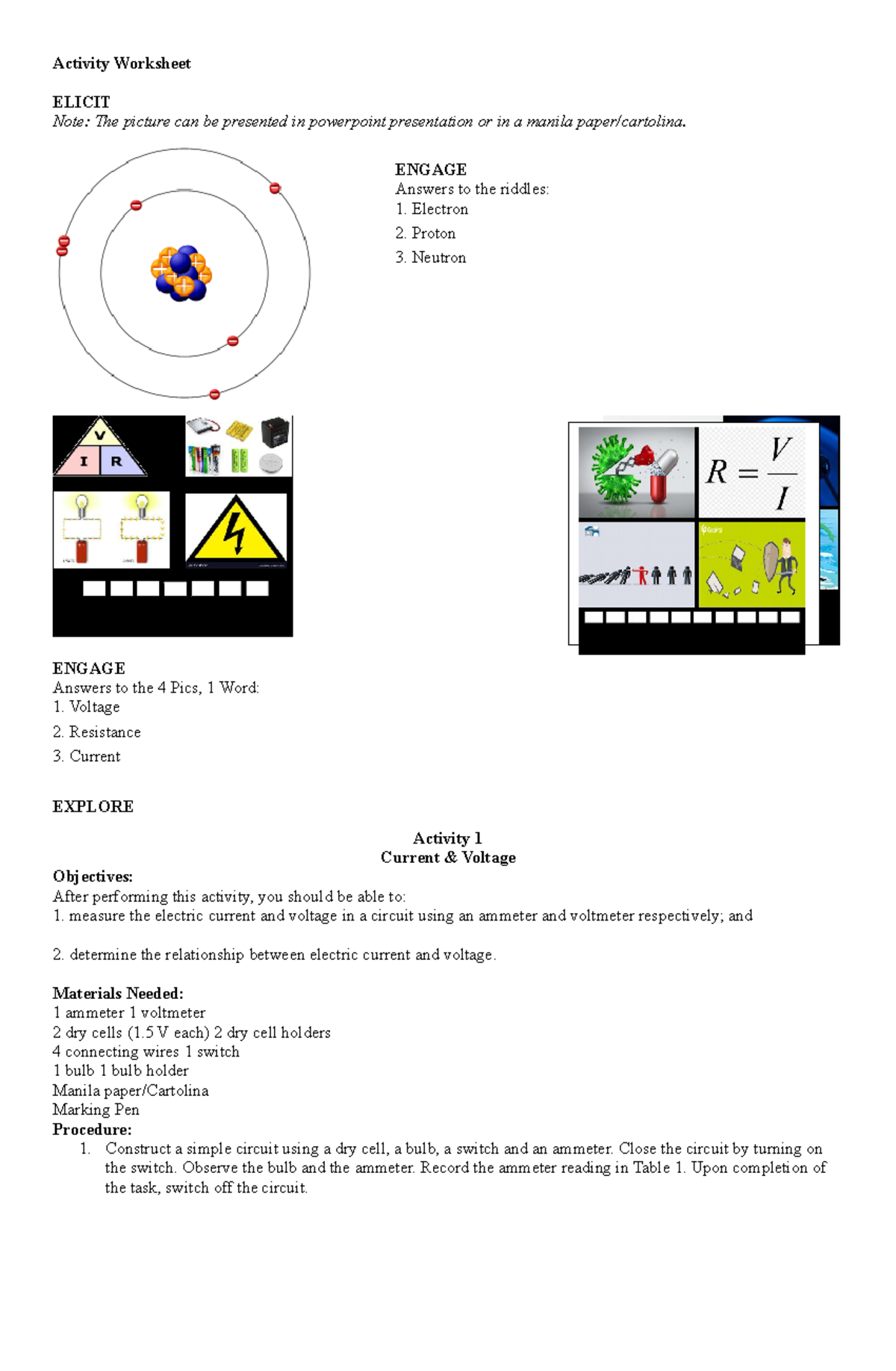 Activity Worksheet - lesson plan - Activity Worksheet ELICIT Note: The ...