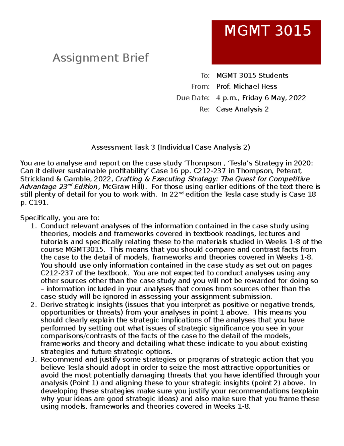 Assignment Brief- Case Analysis 2 - Assignment Brief MGMT 3015 To: MGMT ...