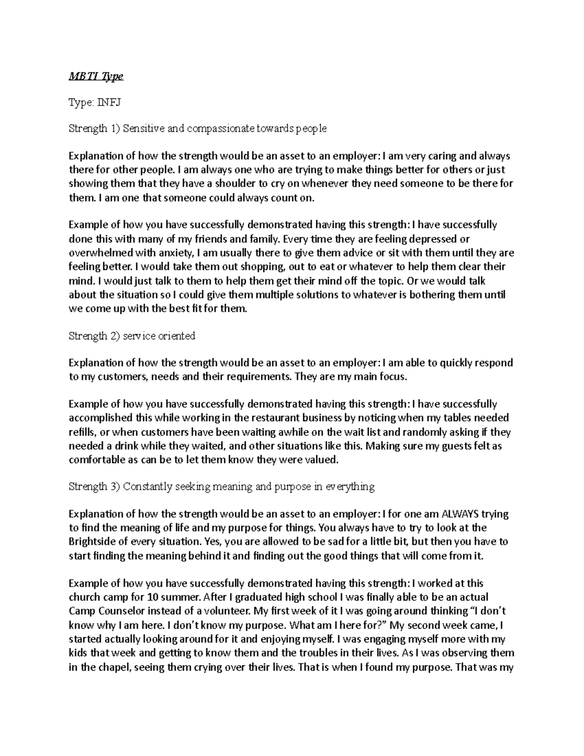 MBTI Type - sample on how to complete the assignments in this class ...