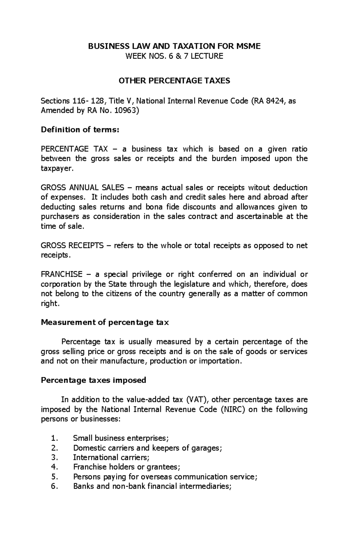 BLT-WEEK6-7 - good - BUSINESS LAW AND TAXATION FOR MSME WEEK NOS. 6 & 7 ...