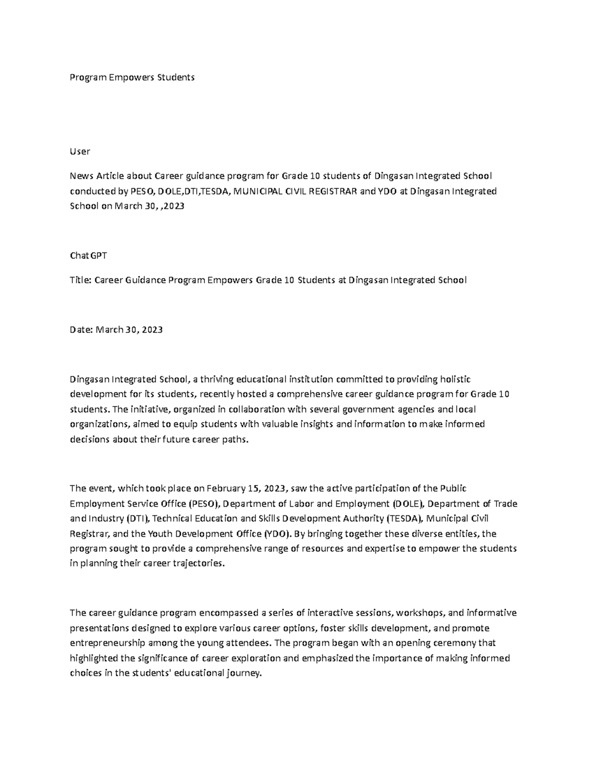 CGP DIS - An article of career guidance program held at Dingasan ...