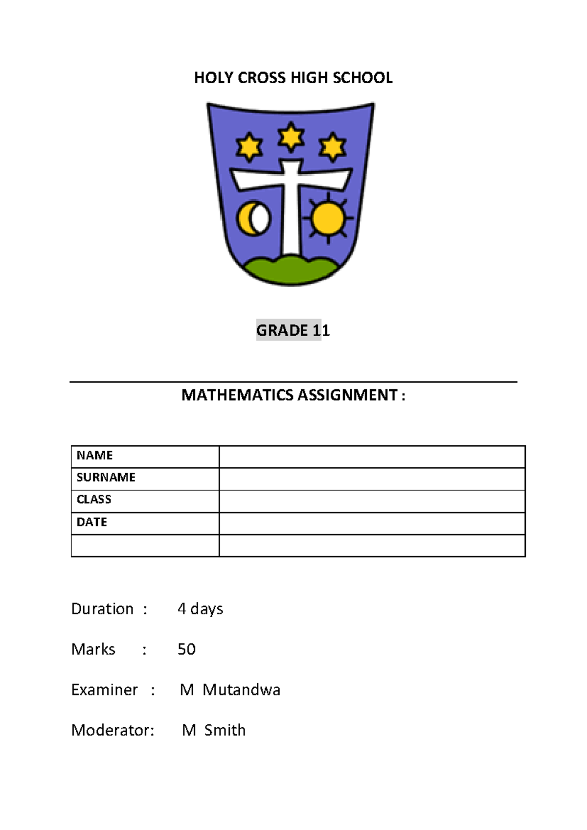 Mathematics Grade 11 Assignment - HOLY CROSS HIGH SCHOOL GRADE 1 1 ...