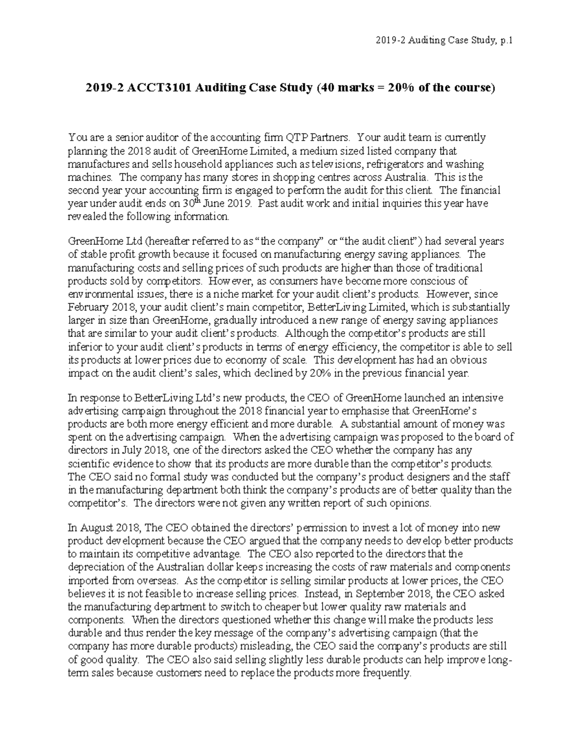 Auditing Case - Assignment Task - 2019-2 ACCT3101 Auditing Case Study ...