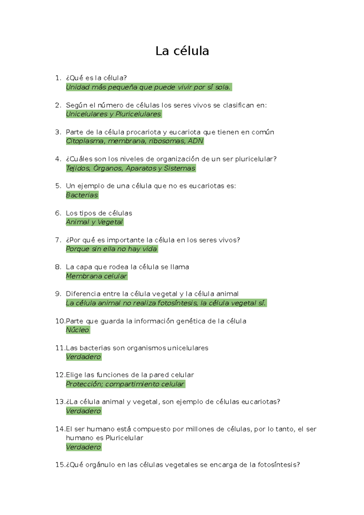 Quizz sobre la célula - La célula ¿Qué es la célula? Unidad más pequeña ...