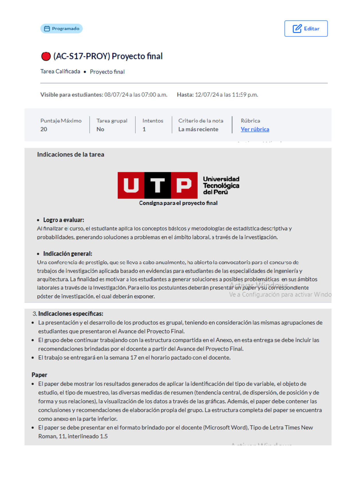 Indicaciones PARA LA Entrega Final DEL Proyecto DE Investigación EDYP - Programado Editar ...