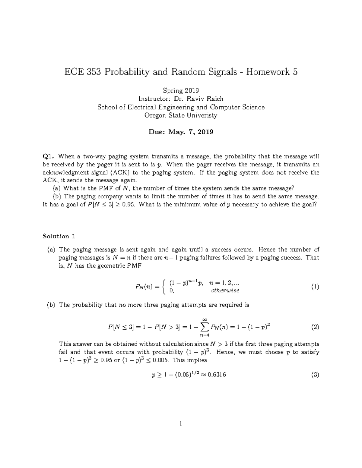2018 sp ECE353 HW5 solution - ECE 353 Probability and Random Signals - Homework 5 Spring 2019 ...