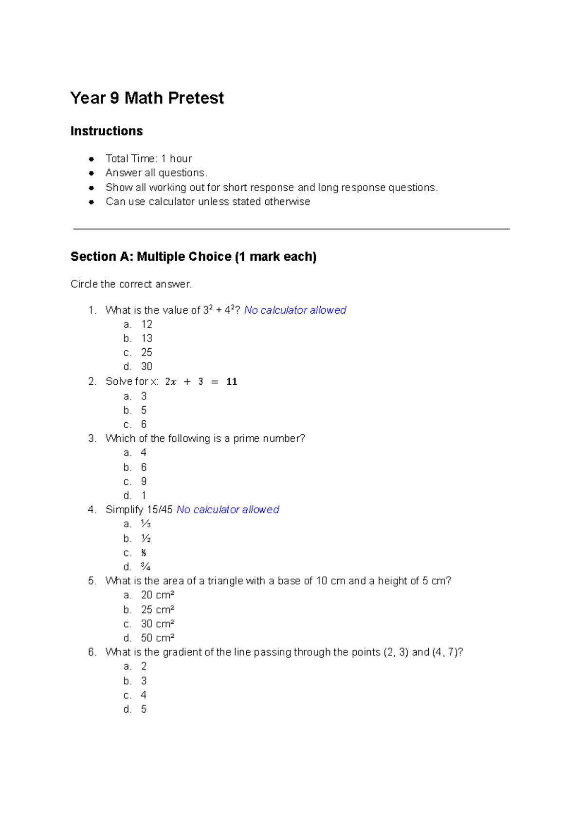 Year 9 Math Pretest - test - Year 9 Math Pretest Instructions Total ...
