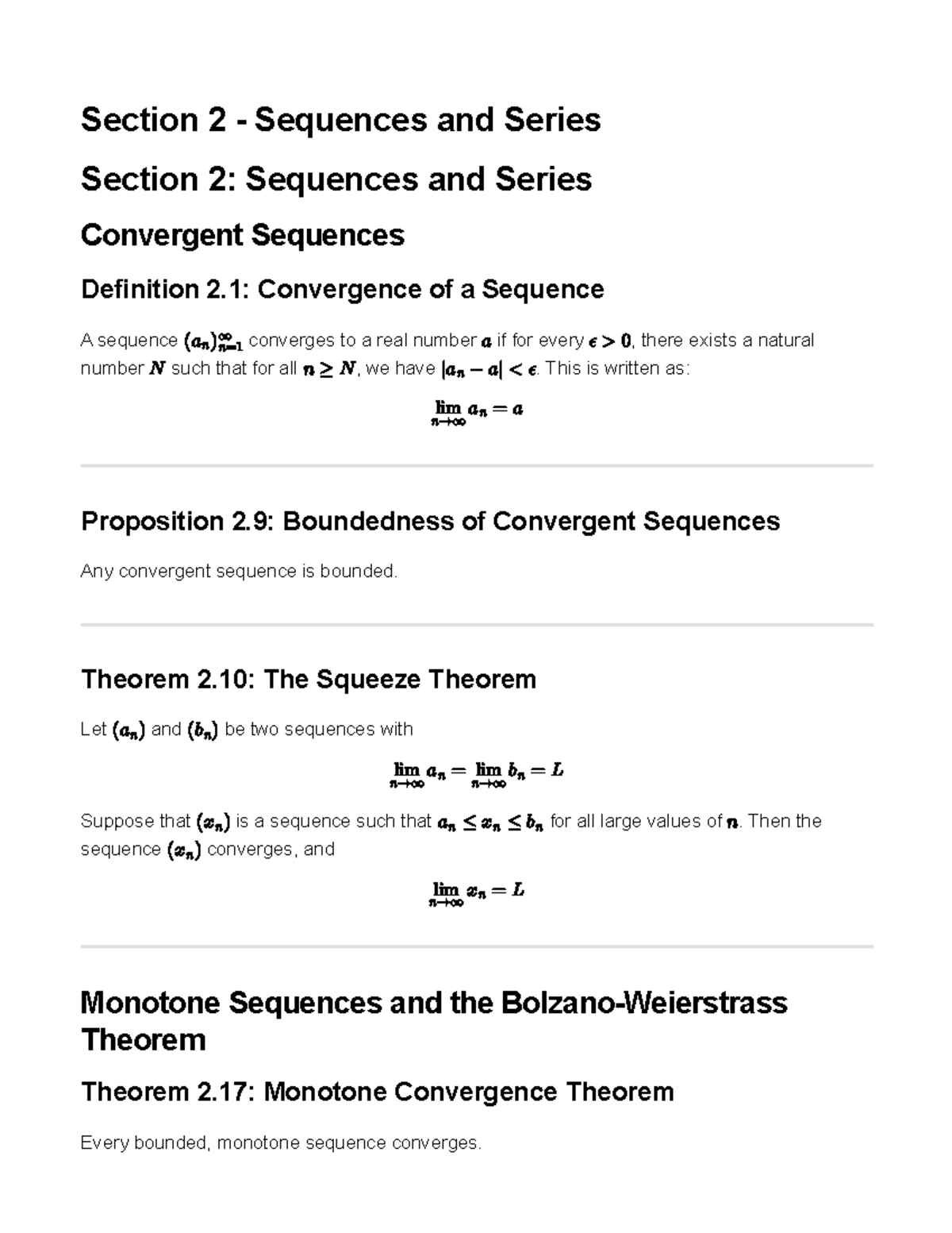 2RA Section 2 - Sequences and Series Theorems and Lemmas - Section 2 ...