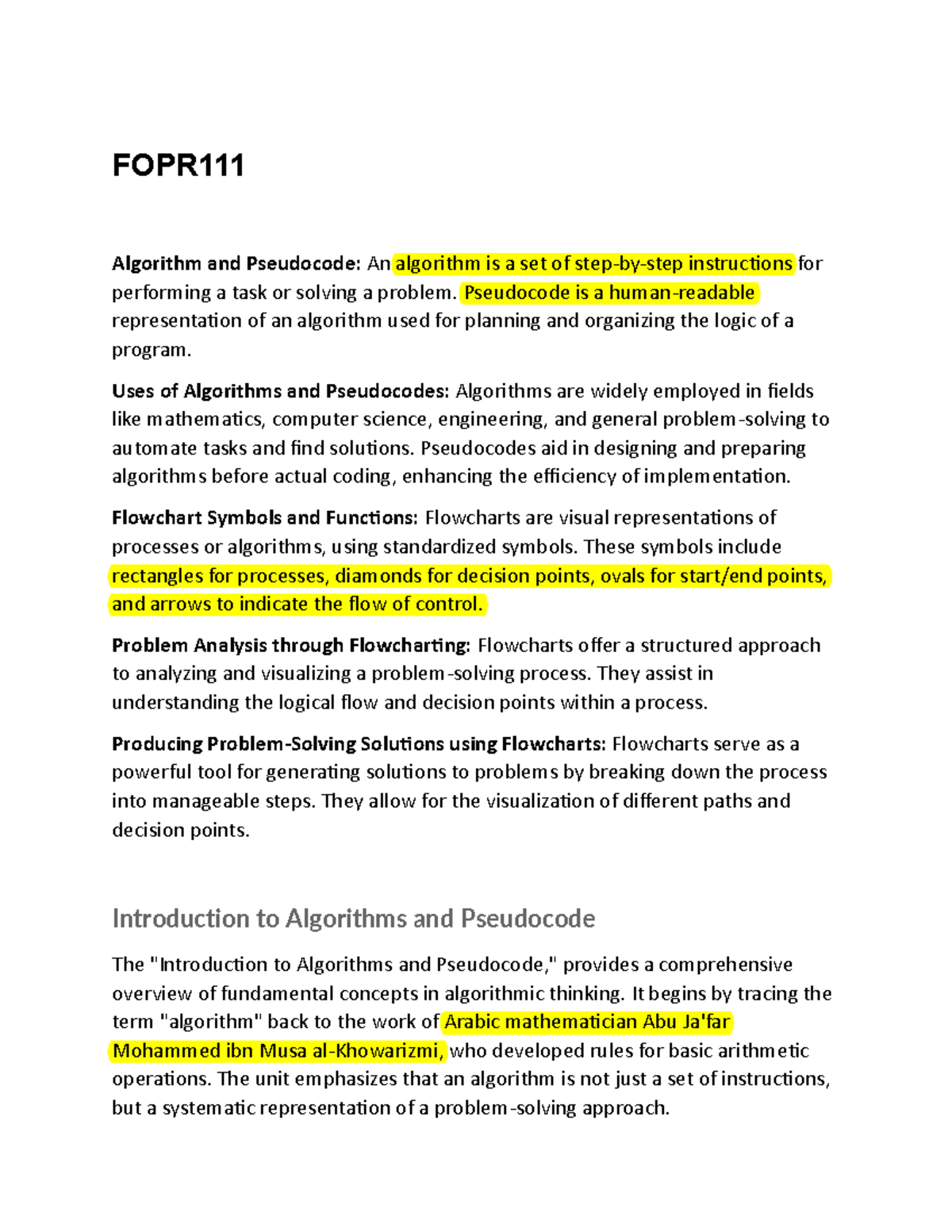FOPR Prelim Reviewer - FOPR ####### Algorithm and Pseudocode: An algorithm is a set of step-by ...