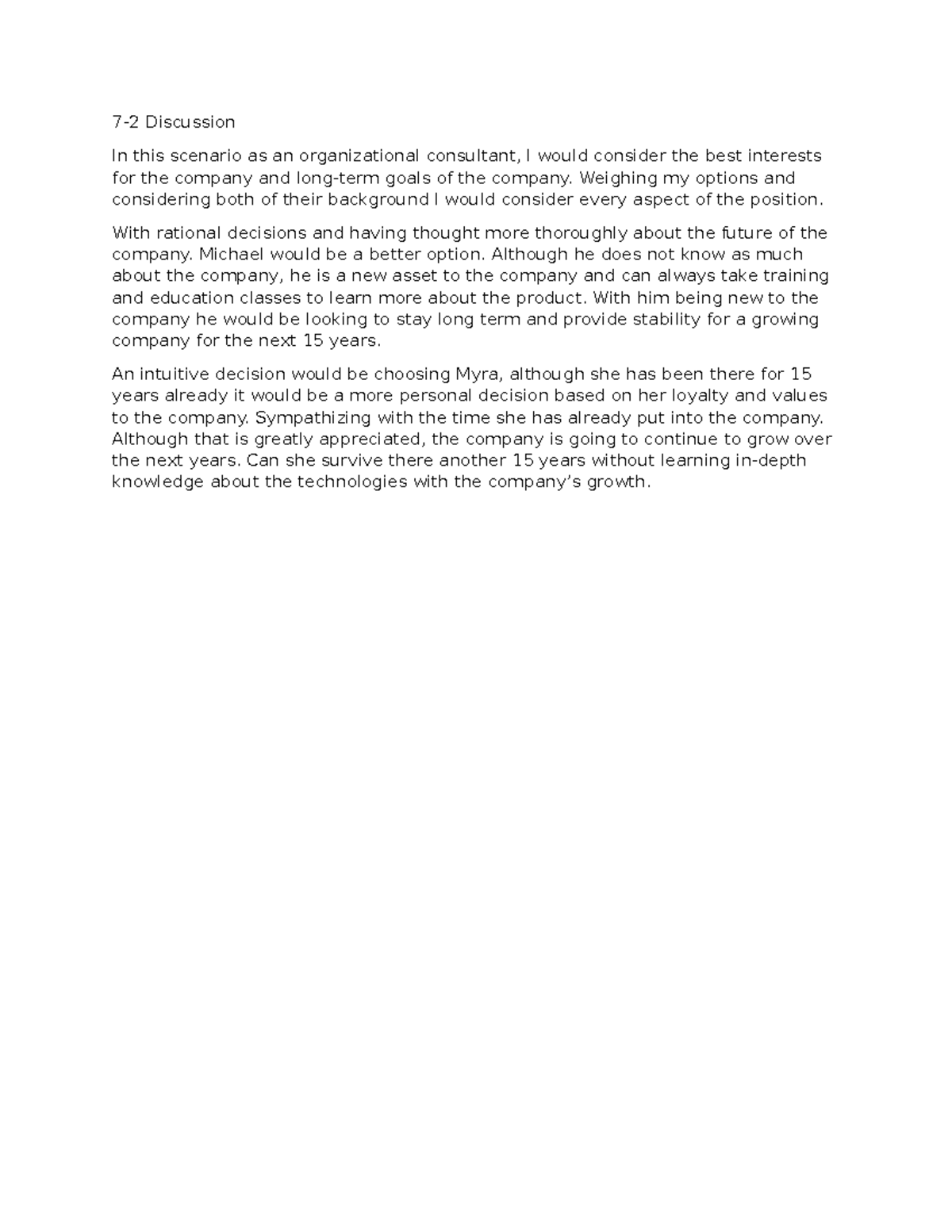 7-2 Discussion Comparing Decison Making - 7-2 Discussion In this ...