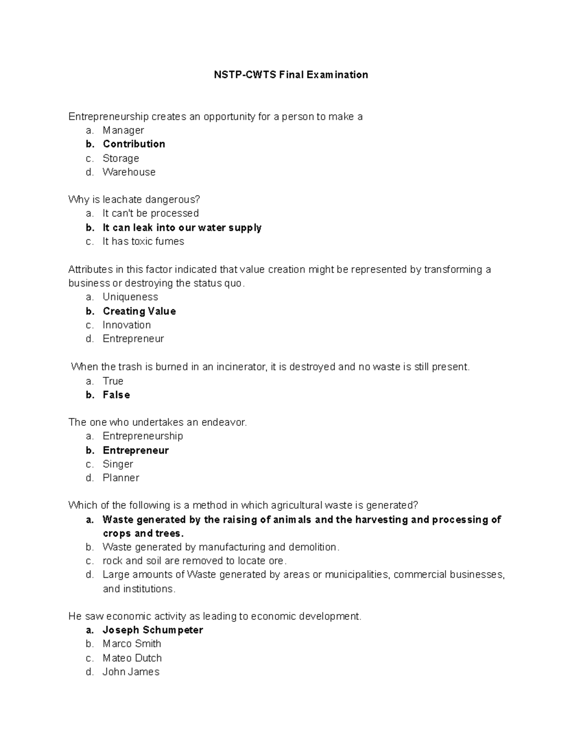 NSTP-CWTS Final Examination - NSTP-CWTS Final Examination ...