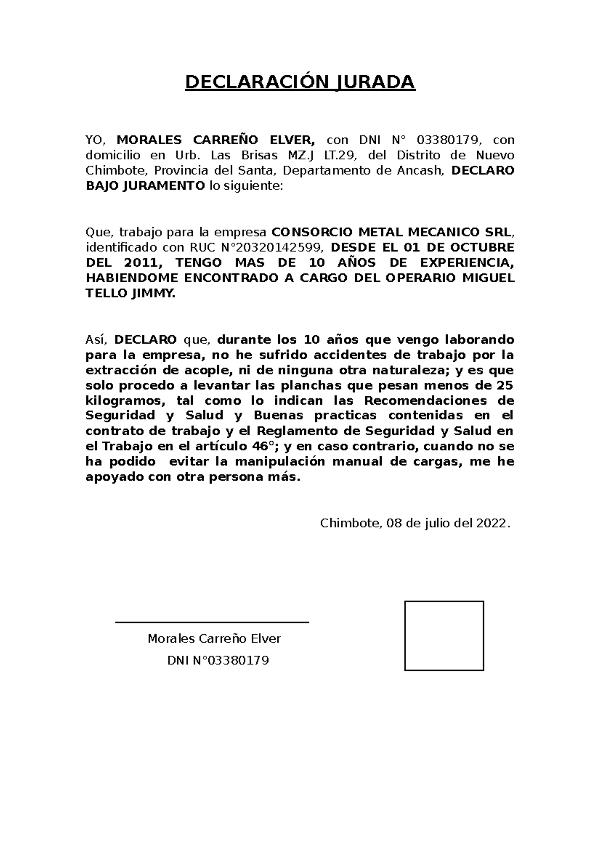 Declaración Jurada elmer - DECLARACIÓN JURADA YO, MORALES CARREÑO ELVER ...