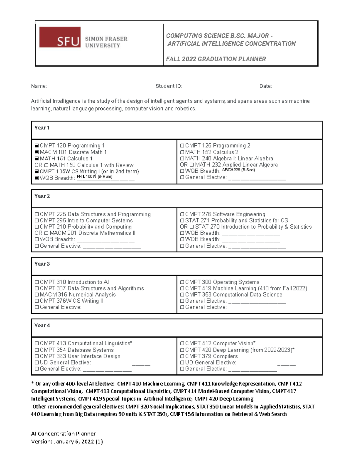 AI - Concentration Planner fillable - COMPUTING SCIENCE B. MAJOR ...