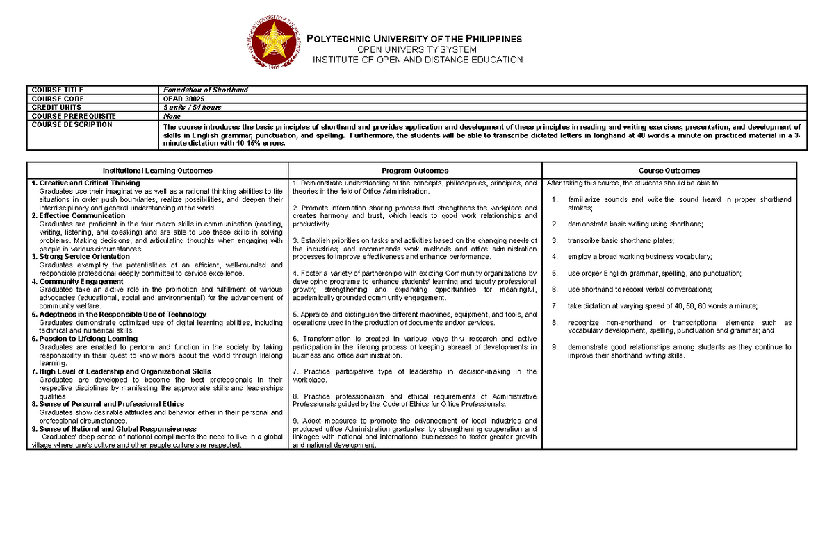 Course Guide Foundation OF Shorthand Revised 2021 - POLYTECHNIC ...