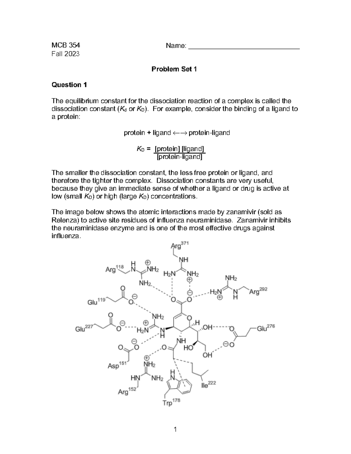 Discussion Worksheet 1 - 1 MCB 354 Name: _____________________________ Fall 2023 Problem Set 1 ...