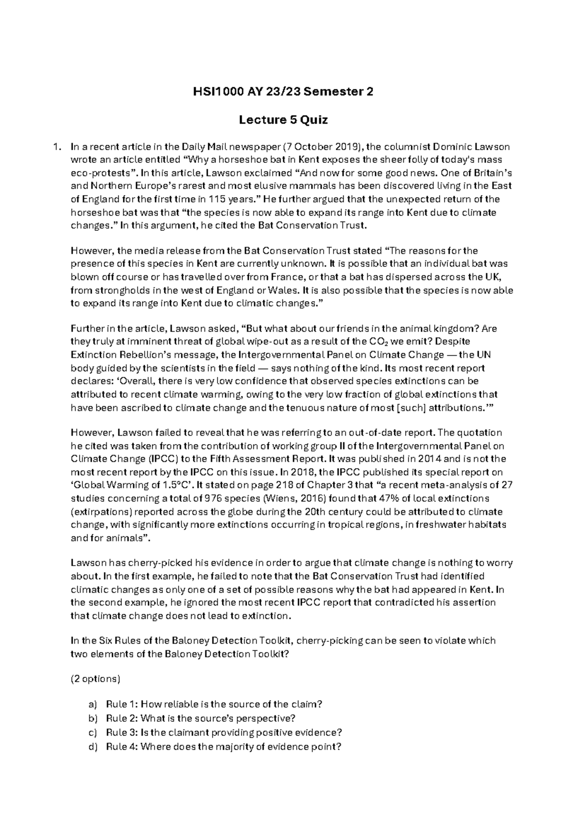 Graded L05 quiz (with answers) - HSI1000 AY 23/23 Semester 2 Lecture 5 Quiz In a recent article ...