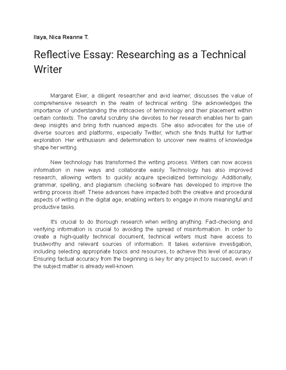 Reflective Essay Researching as a Technical Writer - Ilaya, Nica Reanne ...